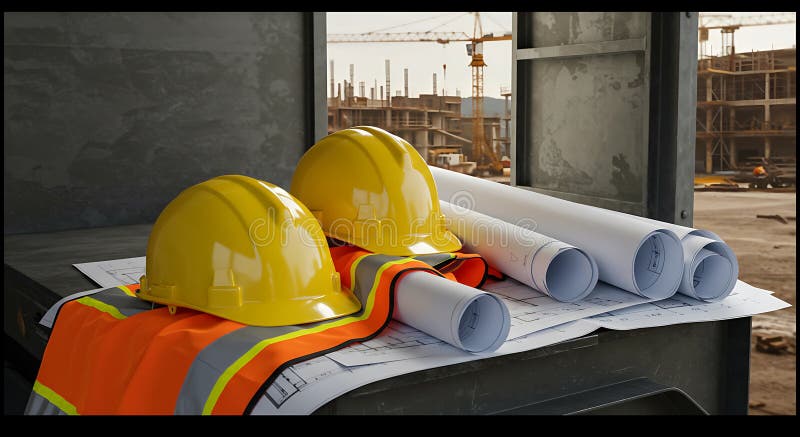 Inspecting Construction Blueprints and Hardhats on Site for a Building ...