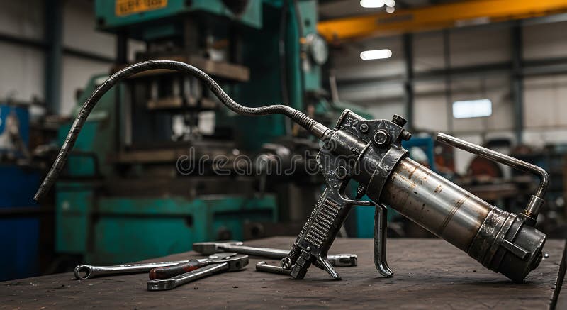 Inspecting Grease Gun and Wrenches in Industrial Workshop Setting Stock ...