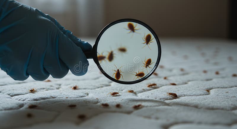 Bed Bug Infestation: Examining Mattress with Magnifying Glass for Pests ... Bed Bug Infestation: Examining Mattress with Magnifying Glass for Pests ...