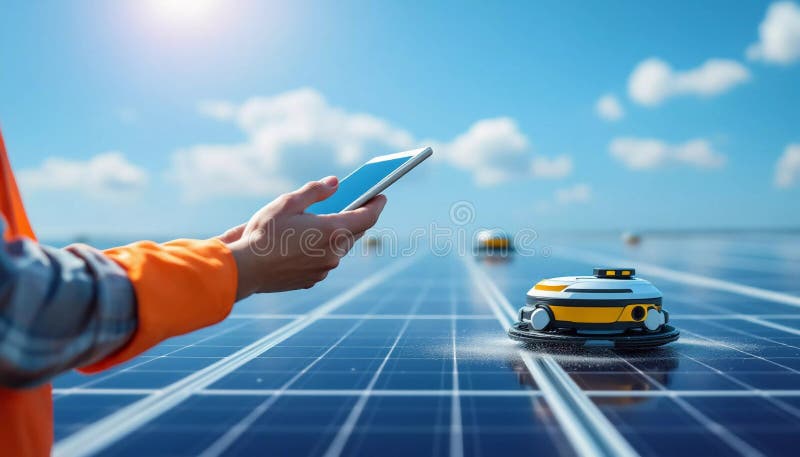 Inspecting Solar Panel Cleaning Robot with Smartphone in Solar Park ,AI ...