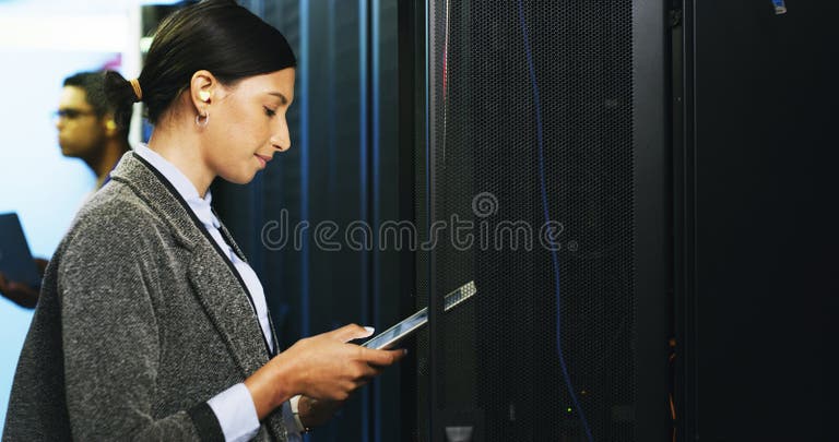 Inspection, Maintenance and Tablet with Woman in Server Room for ...