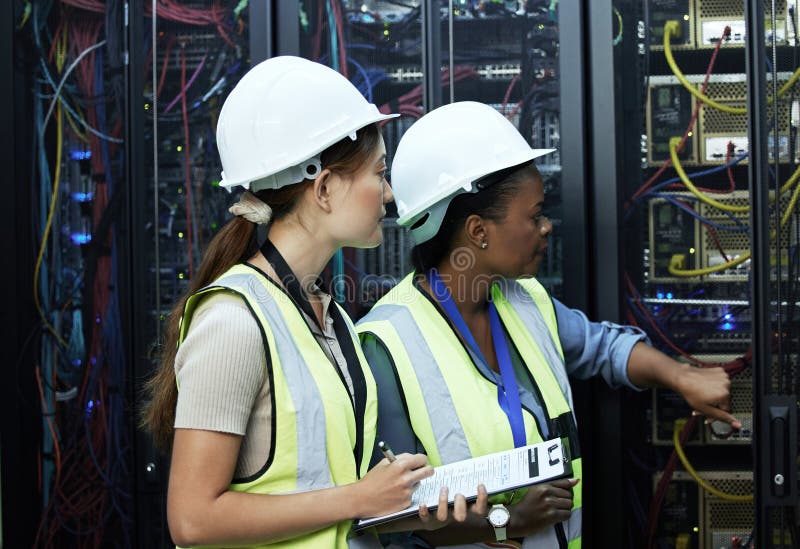 Inspection, Women and Computer Engineer with Pointing in Data Center ...