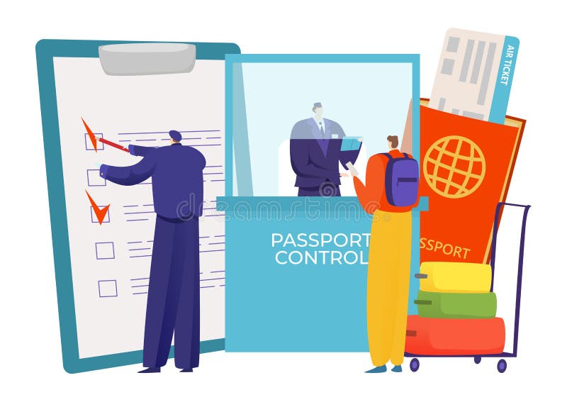 Inspector Officer Checking Passport Control, Tiny Character Passing ...