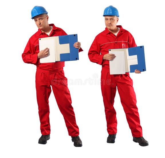 Inspector in Red Uniform and Blue Hardhat Stock Photo - Image of ...