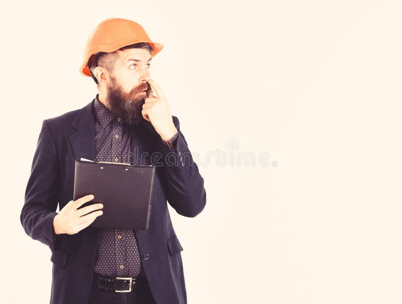 Inspector Wears Construction Helmet. Building Inspector with Thoughtful ...