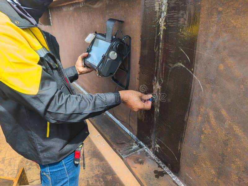 Inspectors are Checking Defects in Welded Steel H-beam Add Joint with ...