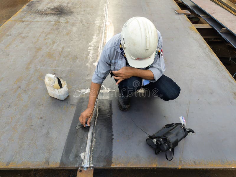 Inspectors are Checking Defects in Welded Steel Plate Add Joints with ...