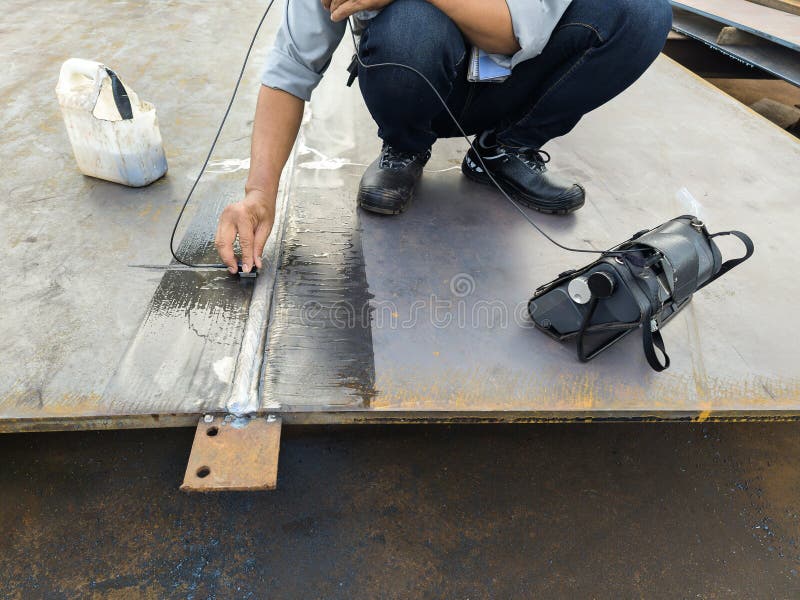 Inspectors are Checking Defects in Welded Steel Plate Add Joints with ...