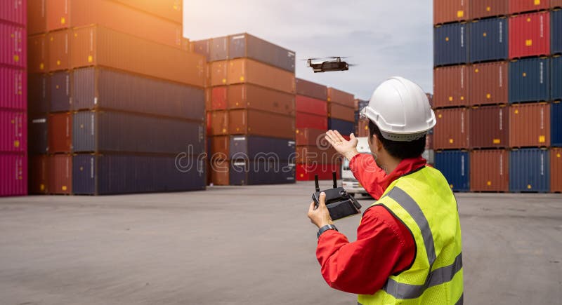 Inspectors Use Drones To Check the Security Inside the Container Yard ...