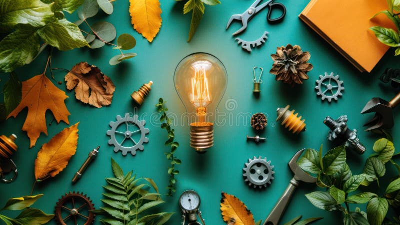 Inspiration. Creative Objects Surrounding Illuminated Light Bulb Stock ...