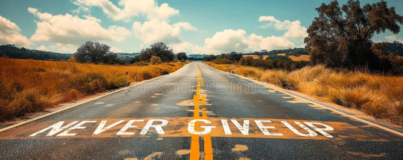 Inspirational Message NEVER GIVE UP Painted on a Desolate Road ...