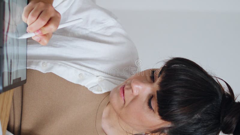 Inspired Artist Using Tablet Computer Vertical Closeup. Focused Woman ...