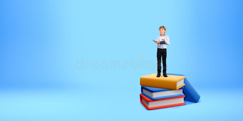 Inspired Kid Boy Taking Notes Standing on Large Books on Empty ...
