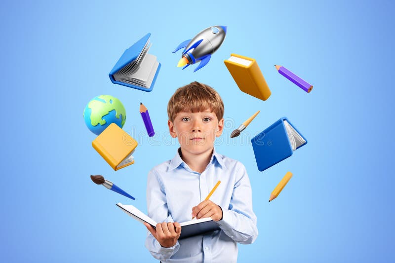 Inspired Kid Take Notes in Notebook, Education Icons on Blue Background ...