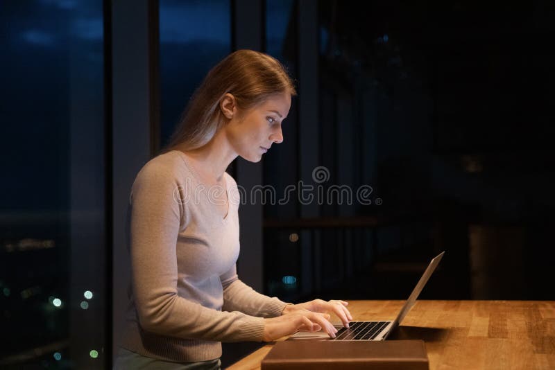 Young Lady Sit Up Late Working on Laptop in Office Stock Image - Image ...