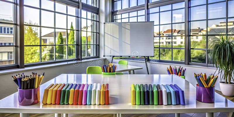 Inspiring Aerial View of a Classroom Whiteboard Colorful Markers and ...