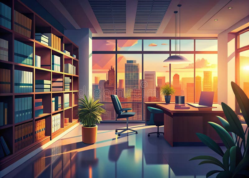 Inspiring Cityscape Office Library a Modern Workspace with Panoramic ...