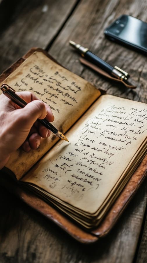 Inspiring Creativity: Writing in a Leather-Bound Notebook Stock ...