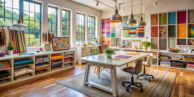 Inspiring Design Studio a Vibrant Workspace Featuring a Large Drafting Table Colorful Fabrics ...