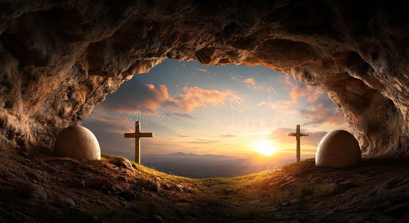 An Inspiring Easter Banner Features an Open Tomb and Cross, Illuminated ...
