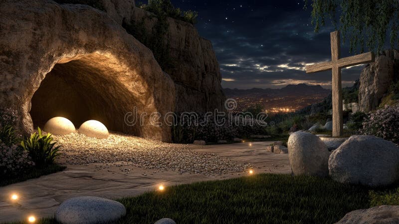 An Inspiring Easter Banner Features an Open Tomb and Cross, Illuminated ...
