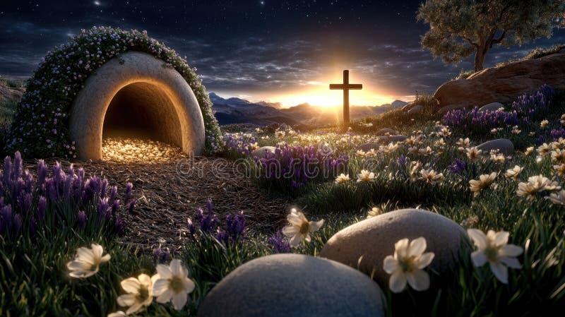 An Inspiring Easter Banner Features an Open Tomb and Cross, Illuminated ...