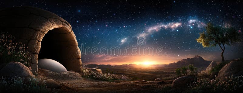 An Inspiring Easter Banner Features an Open Tomb and Cross, Illuminated ...