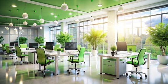 Inspiring Empty Modern Green OpenPlan Office Workspace a Collaborative ...