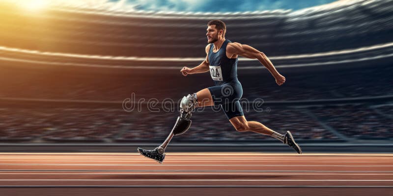 A Dynamic Scene of an Athlete with a Prosthetic Leg Sprinting on a ...