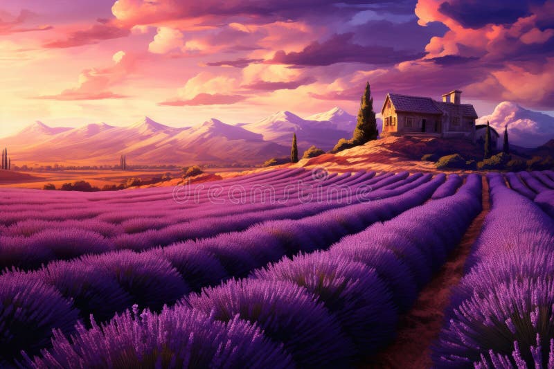 Inspiring Landscape with Lavender Fields Stock Illustration ...