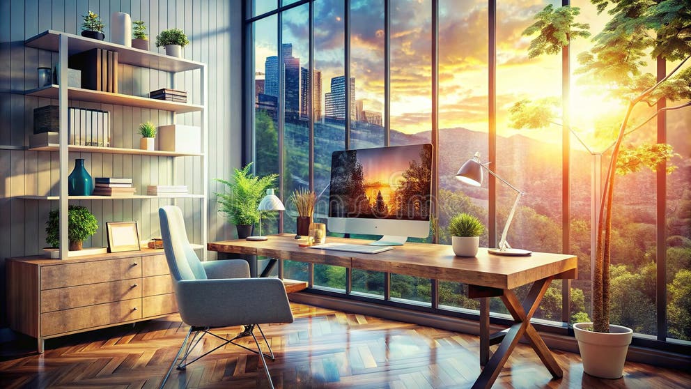 Inspiring Modern Home Office Workspace with Double Exposure Creative ...