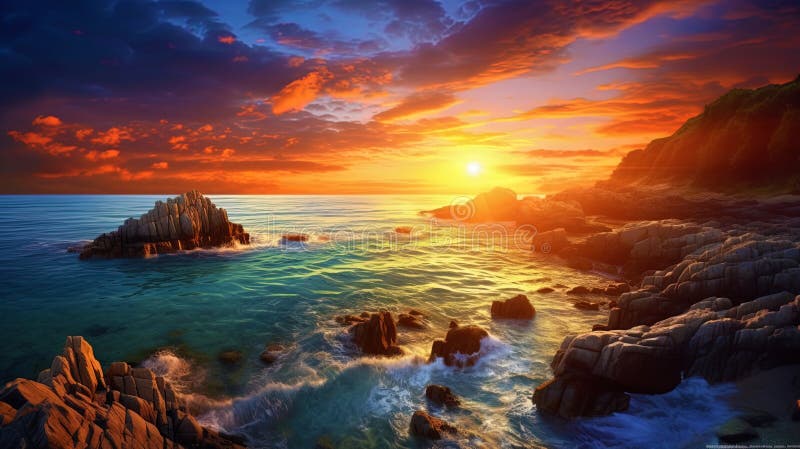 Inspiring Sunset Off the Sea Coast Stock Illustration - Illustration of ...