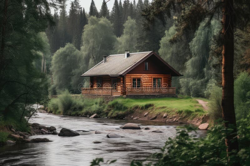 Inspiring View of Log Cabin from the Forest, with a River in the ...