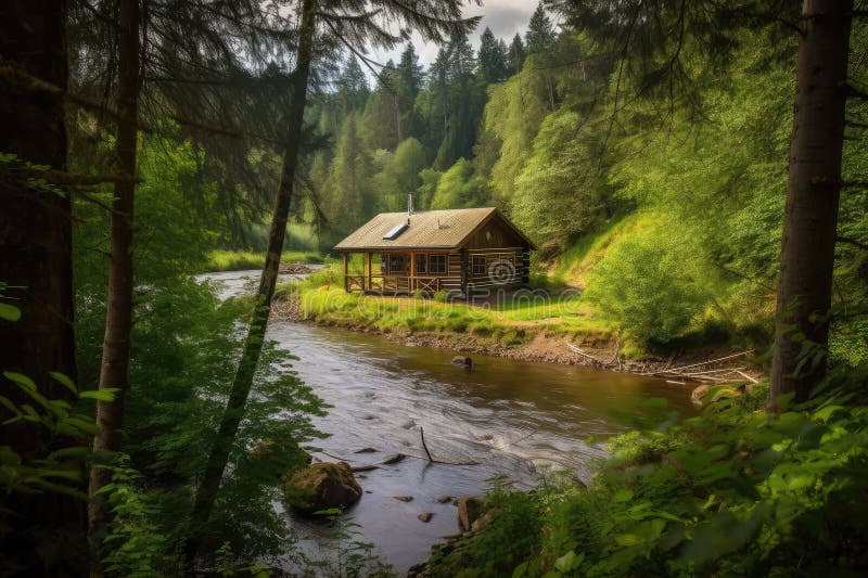 Inspiring View of Log Cabin from the Forest, with a River in the ...
