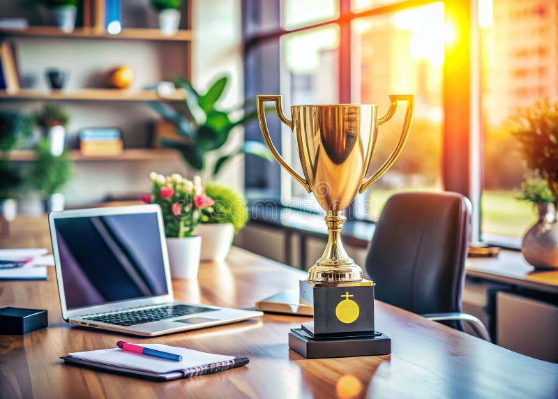 Inspiring Workspace a Modern Setup Showcasing a Trophy and Motivational ...