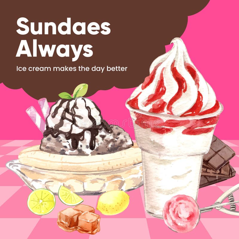 Instagram Post Template with Sundae Ice Cream Concept, Watercolor Style ...