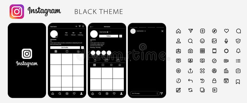 Instagram Social Media Mobile App Black Theme Vector Template Editorial ...