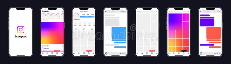 Instagram Template App Screens on Apple Iphone Vector Set. Realistic ...