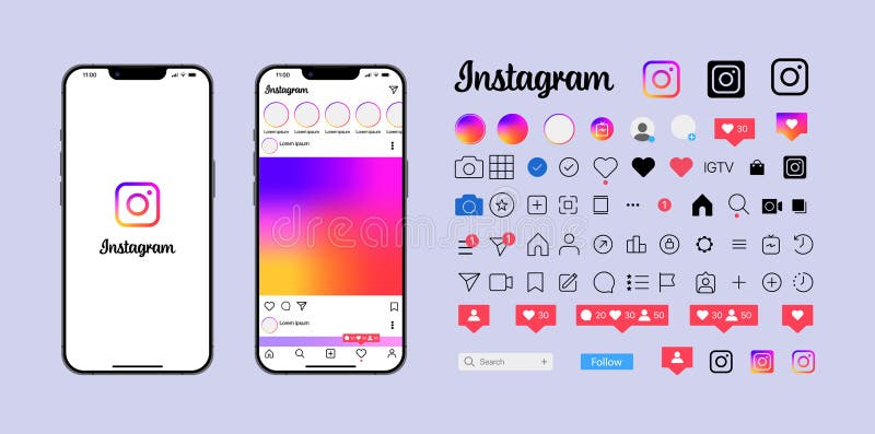 Instagram Template App Screens on Apple Iphone Vector Set. Realistic ...