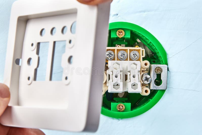 Instalation of Push Button by Electrician Stock Photo - Image of green ...
