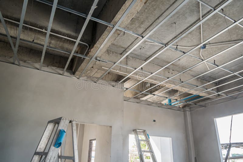 Install Metal Frame for Plaster Board Ceiling at House Stock Photo ...