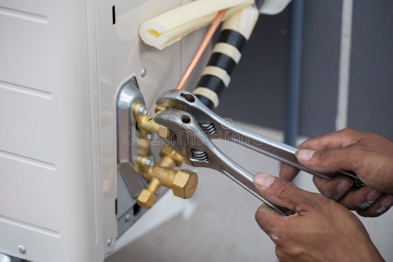 Installation of Air Conditioner, Worker Connects Copper Pipe Stock ...