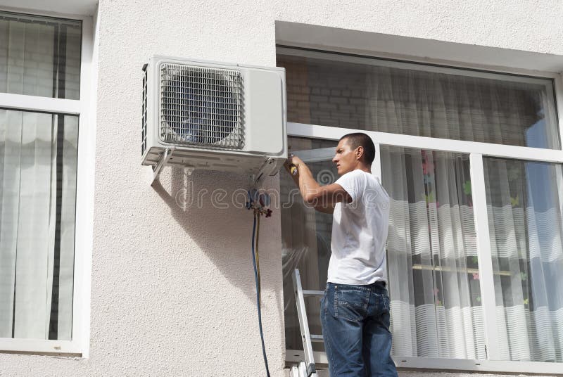 Installation of Air Conditioner Stock Photo - Image of outdoor, install ...