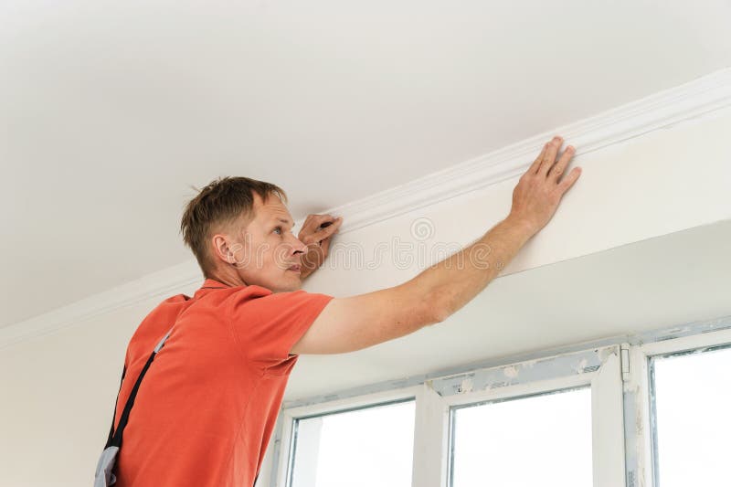 Installation of Ceiling Moldings. Stock Image - Image of house ...
