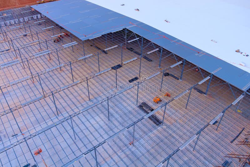 Installation during Construction of a Steel Warehouse Structure Roof ...