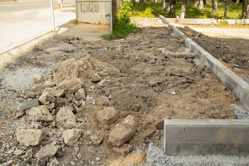 Installation of Curbs and Equipment of the Stop Complex Stock Photo ...