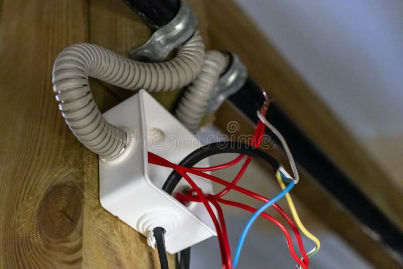 Installation of Electrical Wiring in the Box on the Wall. Distribution ...