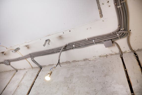 Installation of Electrical Wiring on the Ceiling. Stock Image - Image ...
