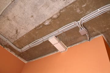 Installation of Electrical Wiring on the Ceiling. Stock Image - Image ...