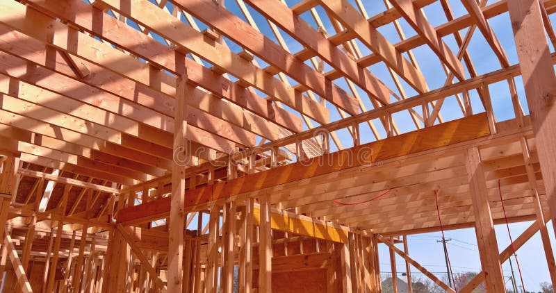 Installation of Frame Trusses Joining with Wooden Beams at Construction ...